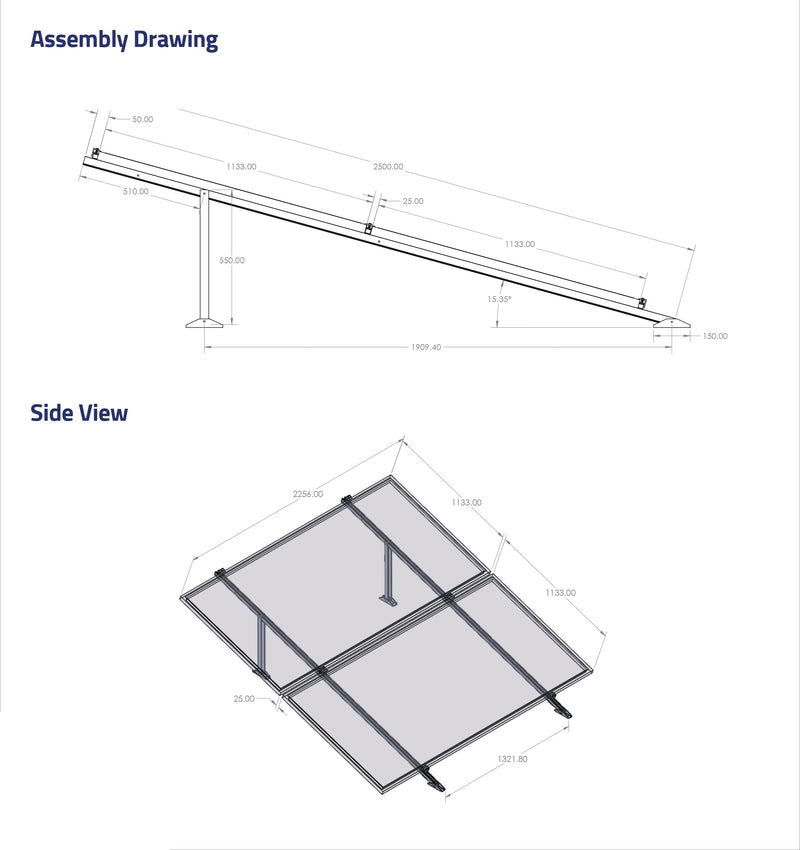 BHS Aluminium Smith L2 Solar Structure with clamps For two Solar Panel