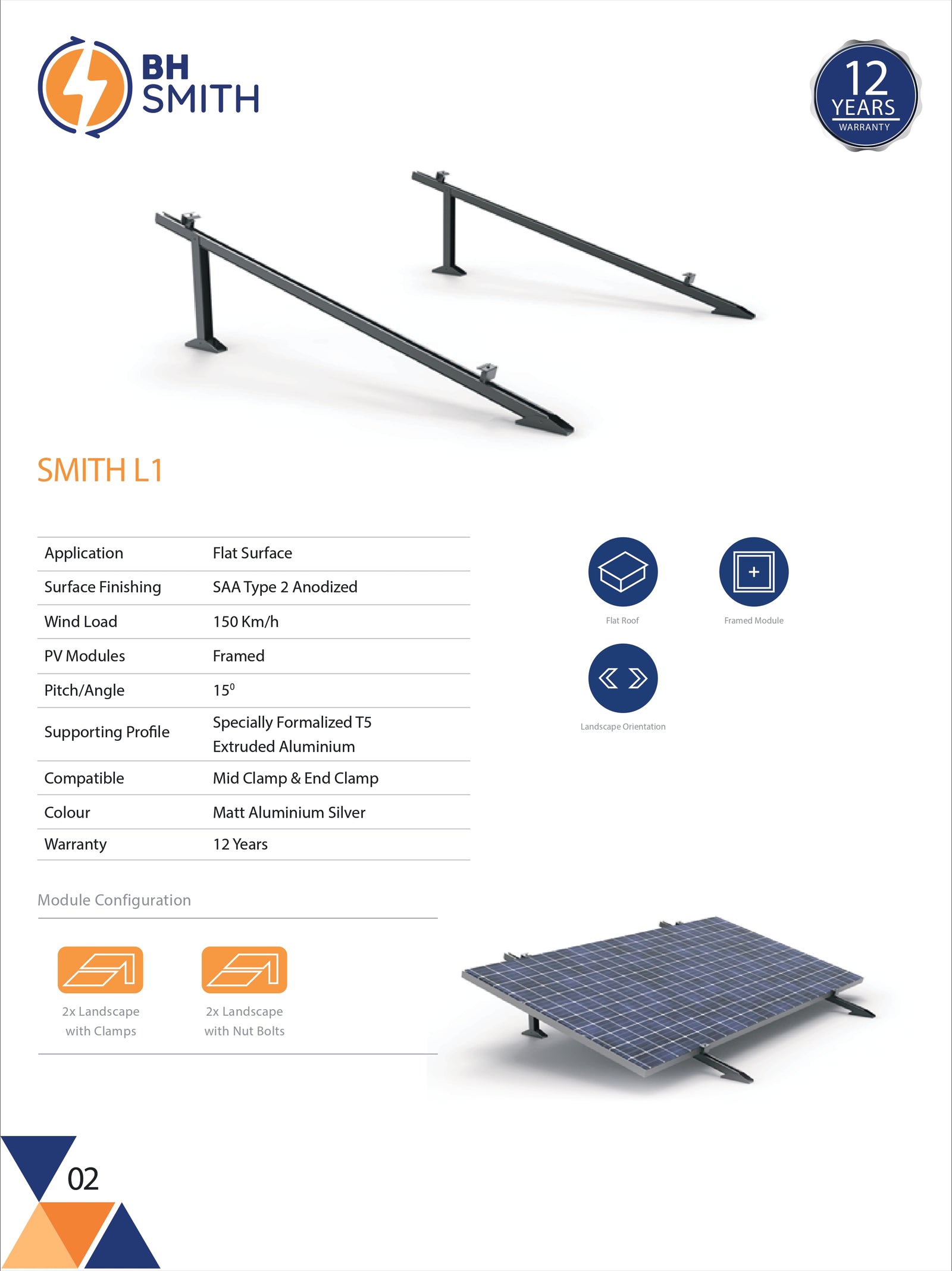 BHS Aluminium Smith L1 Solar Structure with clamps For Single Solar Pa